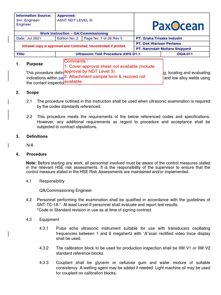 Ultrasonic Testing Procedure AWS D1.1 | PDF | Welding | Construction