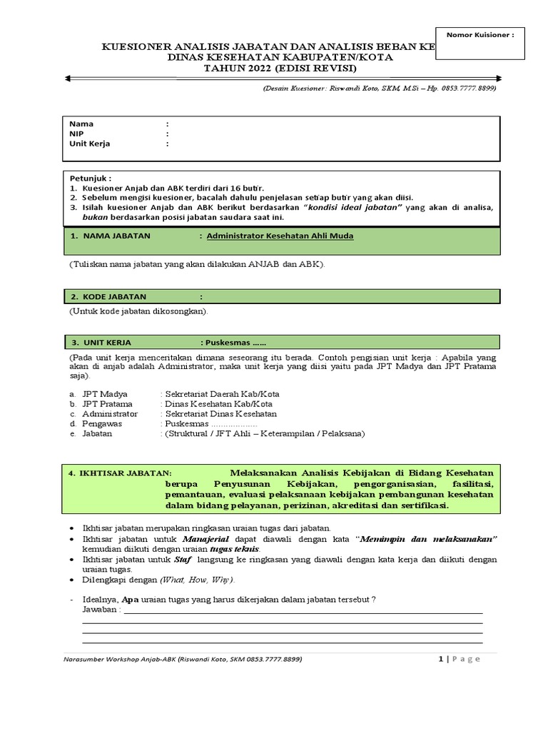 KUESIONER ANJAB & ABK DINKES (Edisi Revisi 2022) | PDF