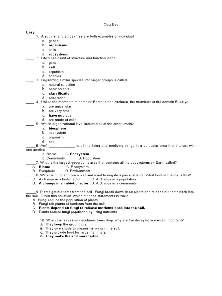 Quiz Bee | PDF | Ecosystem | Organisms