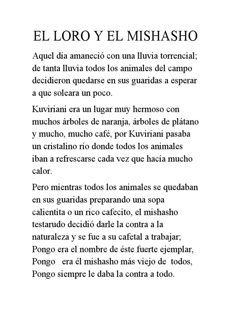 EL LORO Y EL MISHASHO Fabula | PDF