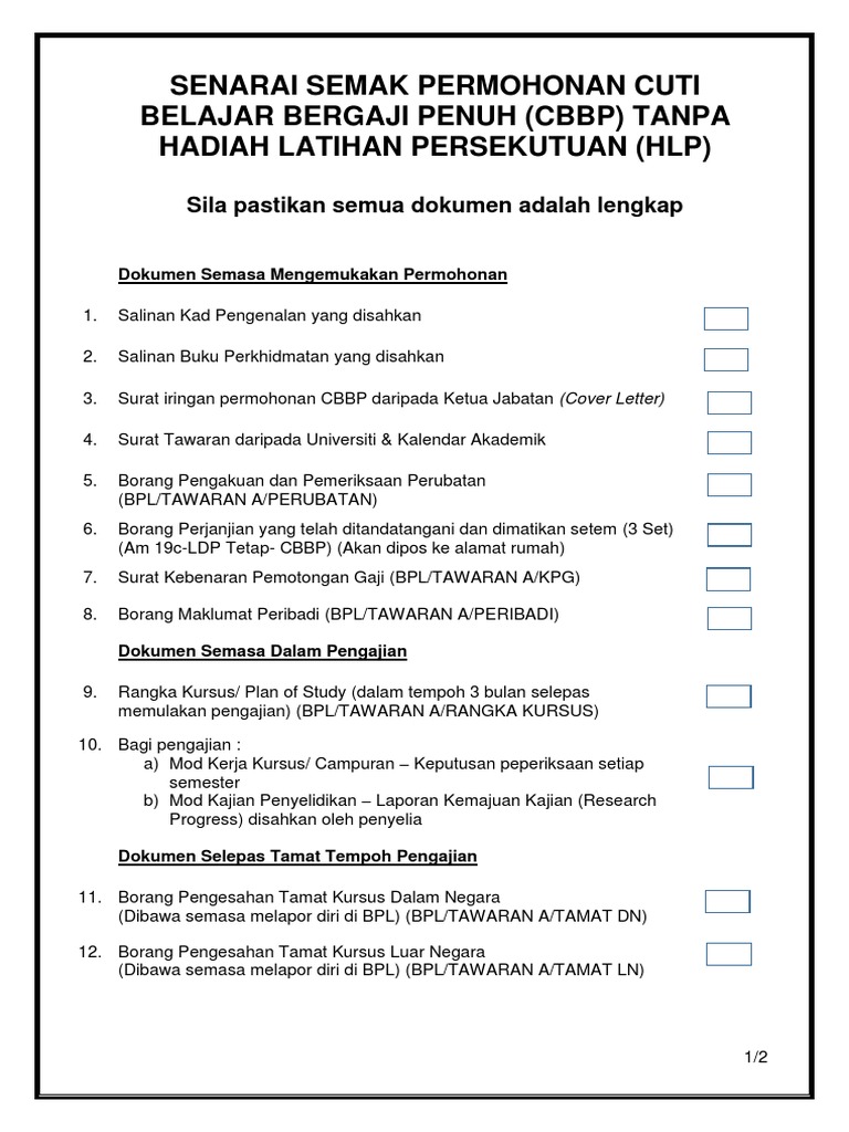 1) Senarai Semak CBBP Tanpa HLP | PDF
