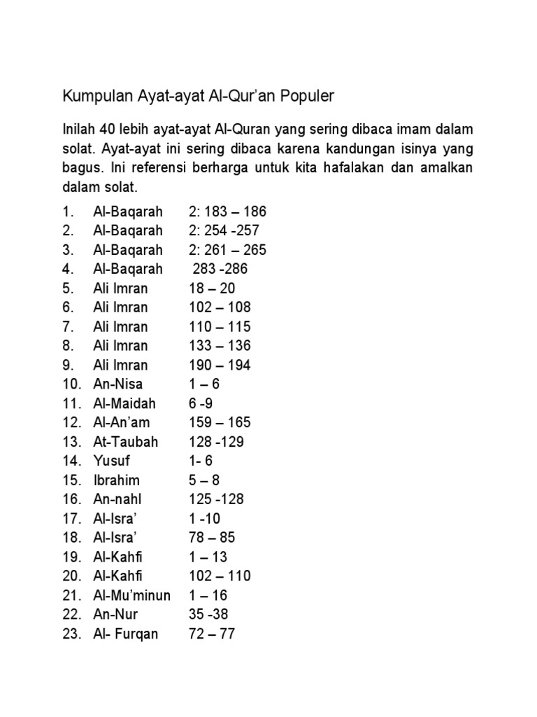 AyatQuranPopulerYangsering Dibaca Imam | PDF | Agama & Spiritualitas