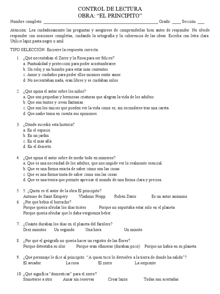 Control de Lectura El Principito | PDF | El Principito