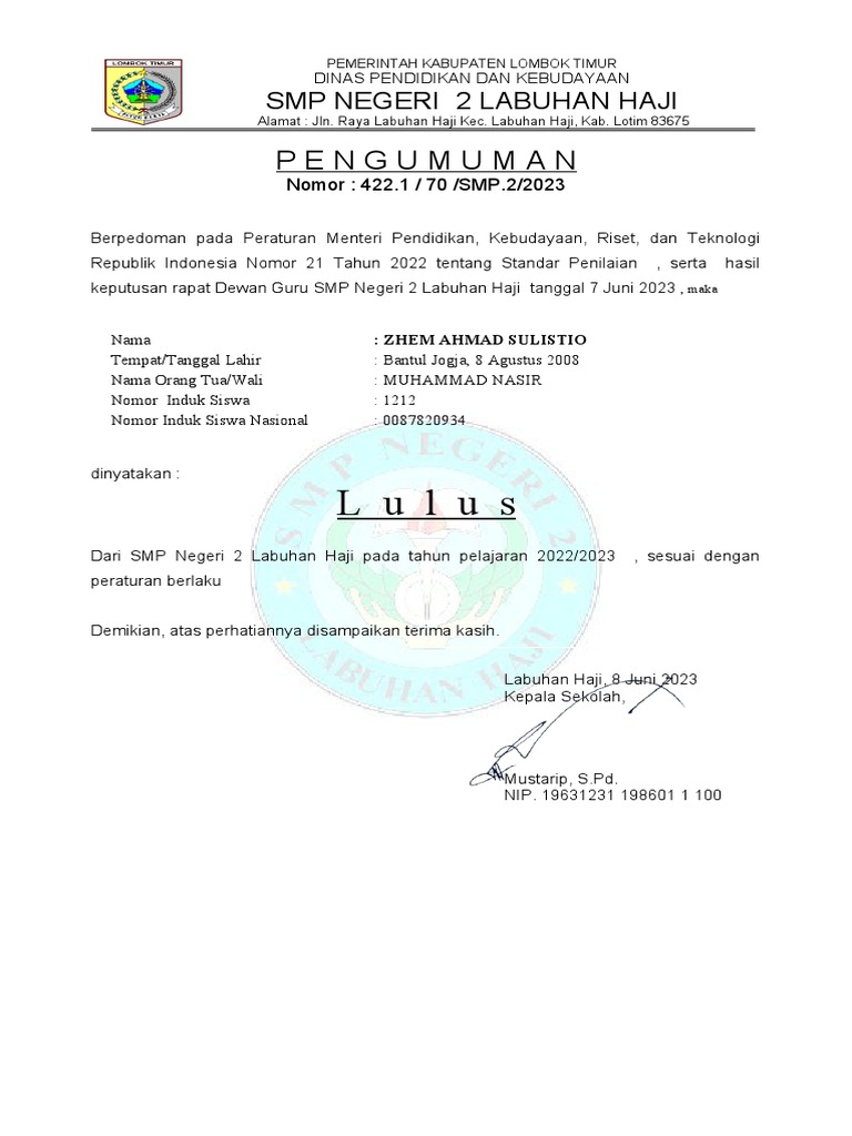 Pengumuman Kelulusan | PDF