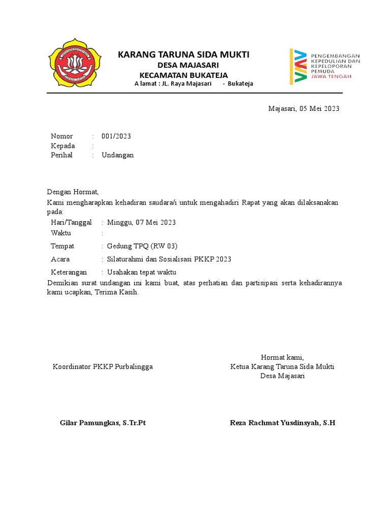 Format Undangan Rapat Kartar 001-2023 | PDF