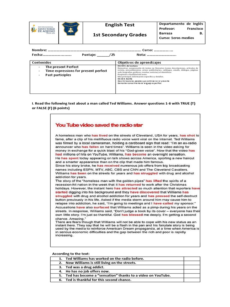 Present Perfect Test | PDF