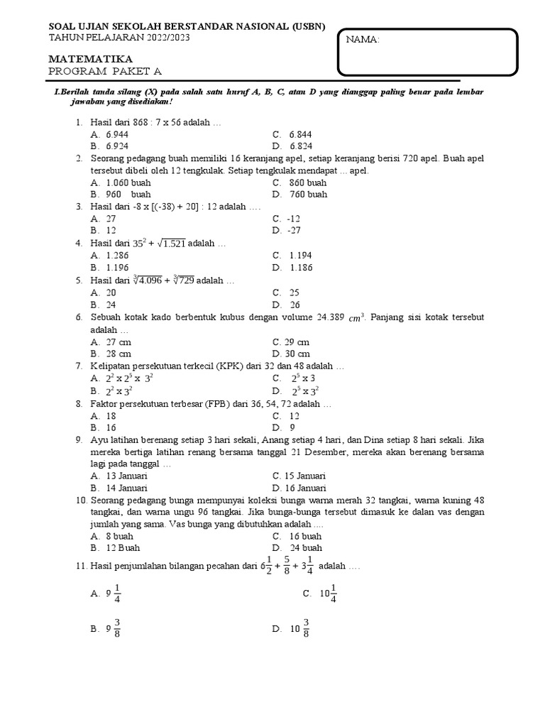 Soal MTK Paket A | PDF
