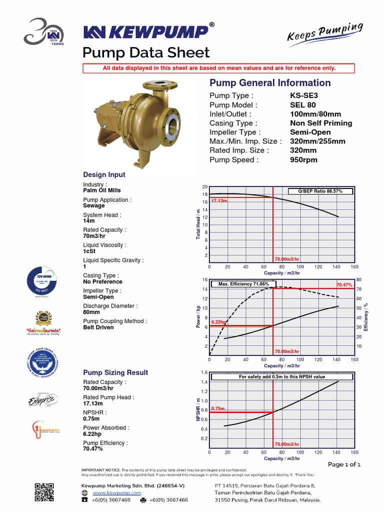 KS-SE3 SEL 80 (950rpm, 320mm) Data Sheet-Treated Effluent | PDF | Pump | Continuum Mechanics