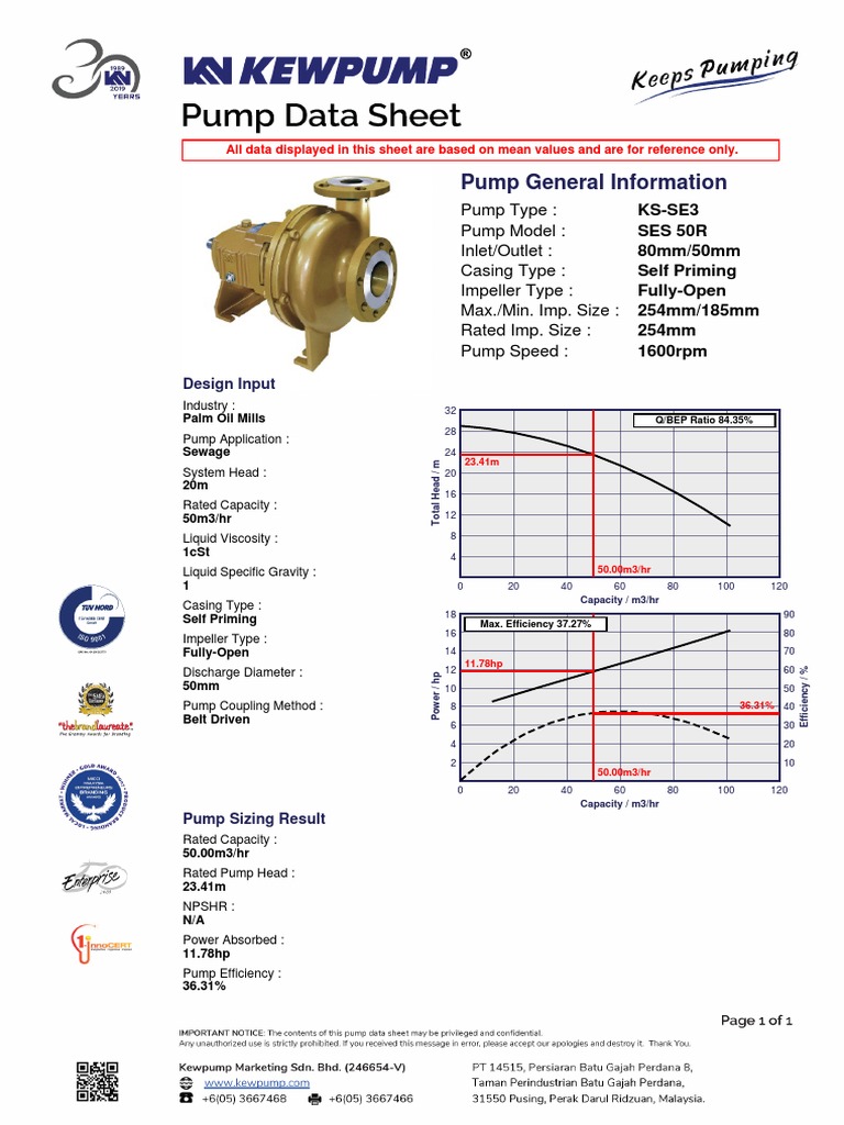 Kew Pump KS-SE3 Specifications Overview | PDF | Pump | Applied And ...