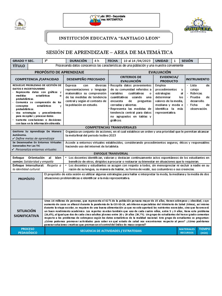 Unidad 1 - Sesión 1 - Mat 3° | PDF | Evaluación | Aprendizaje