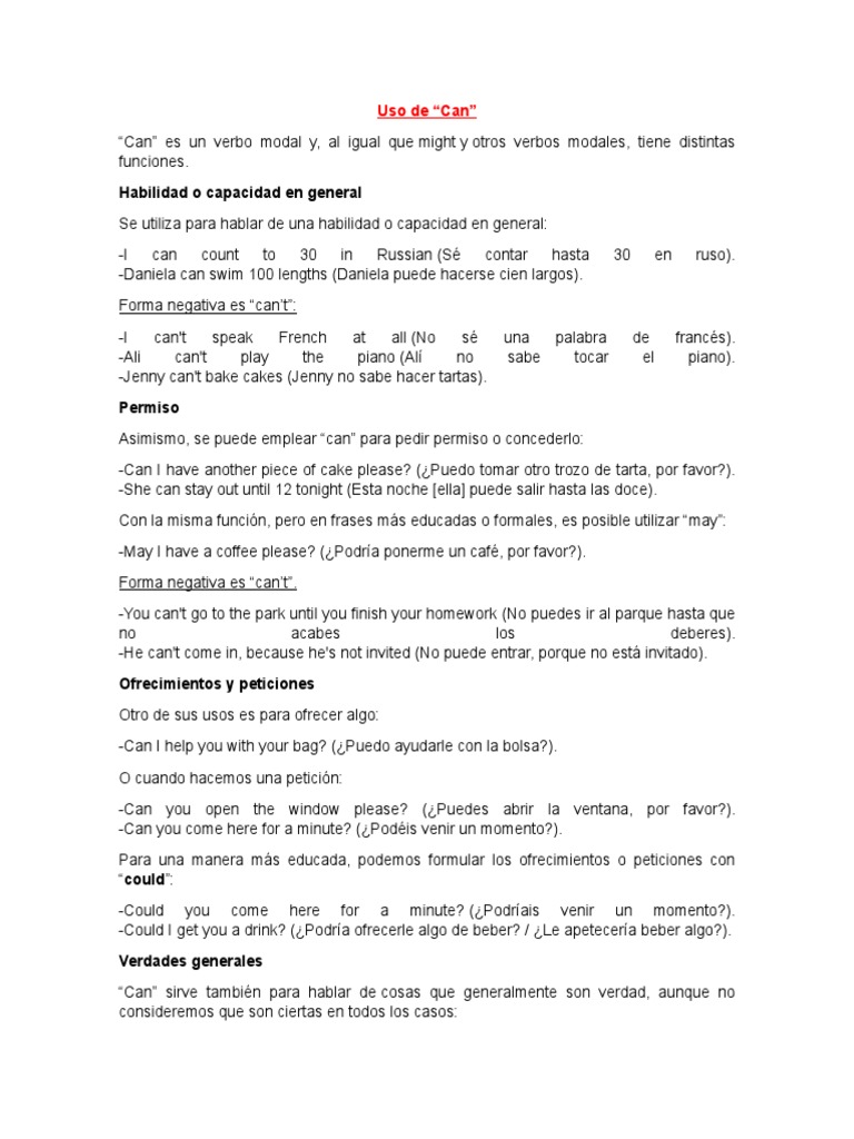 Uso del Verbo Modal "Can" | PDF | Artes del Lenguaje y Comunicación