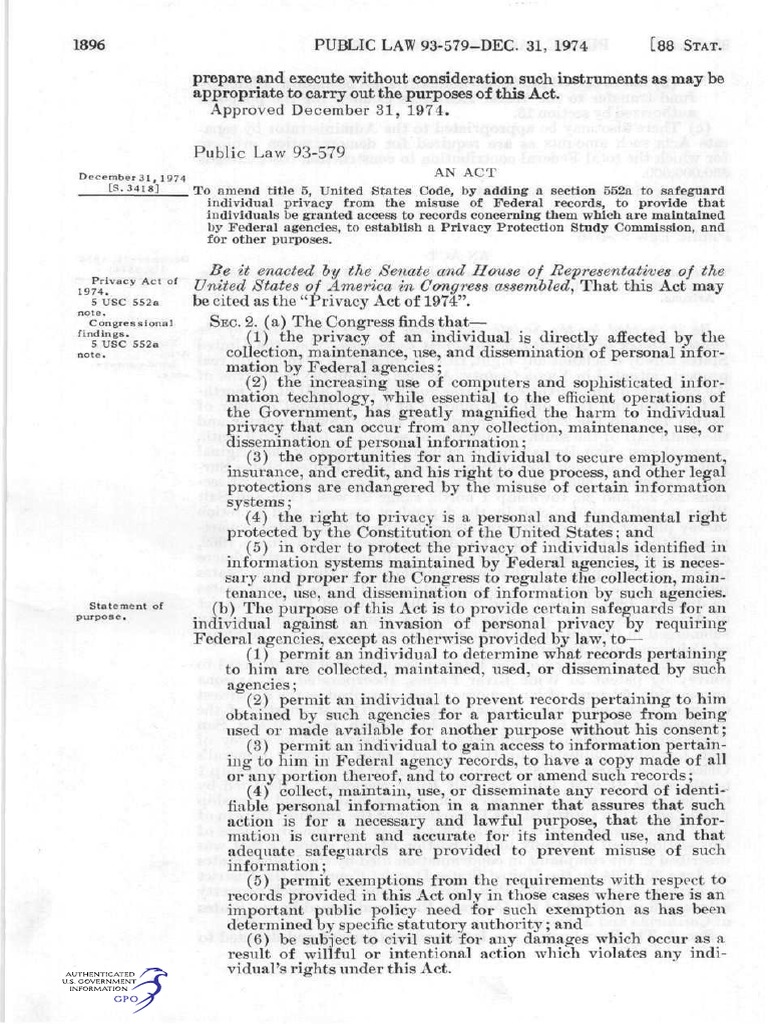 (US) Privacy Act of 1974, 88 Stat. 1896 | PDF | Discovery (Law) | Legal ...