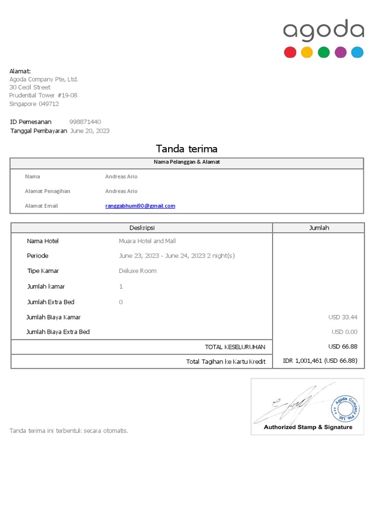 Receipt Muara Agoda Ata GU 1 2023 | PDF