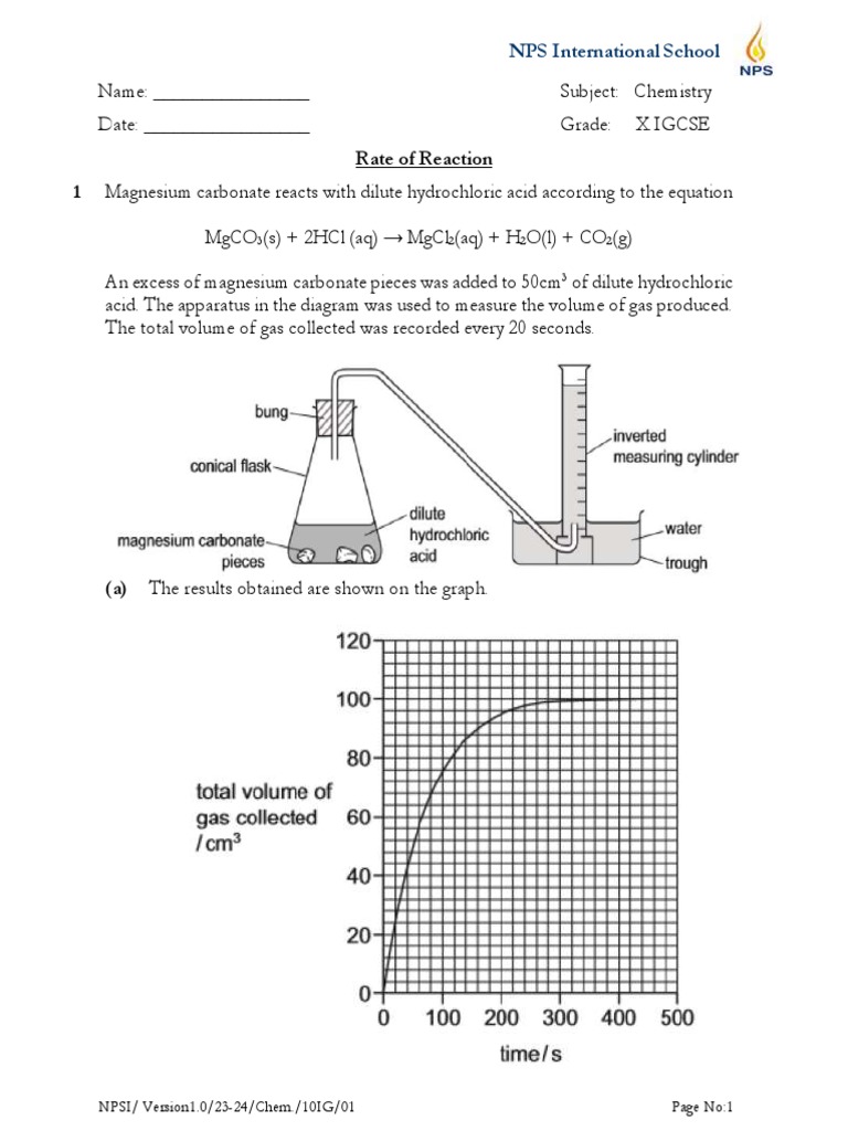 WS Grade 10 IG Chemistry 23-24 - Rate of Reaction | Download Free PDF ...