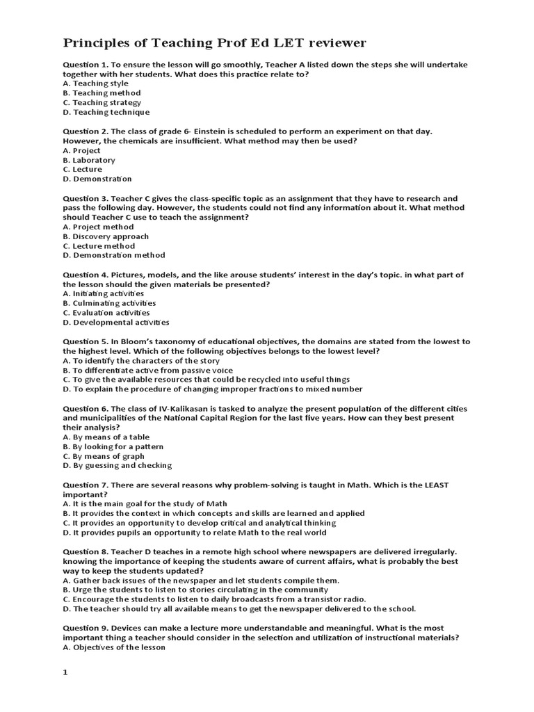 Principles of Teaching Prof Ed LET Reviewer | PDF | Lesson Plan | Teachers
