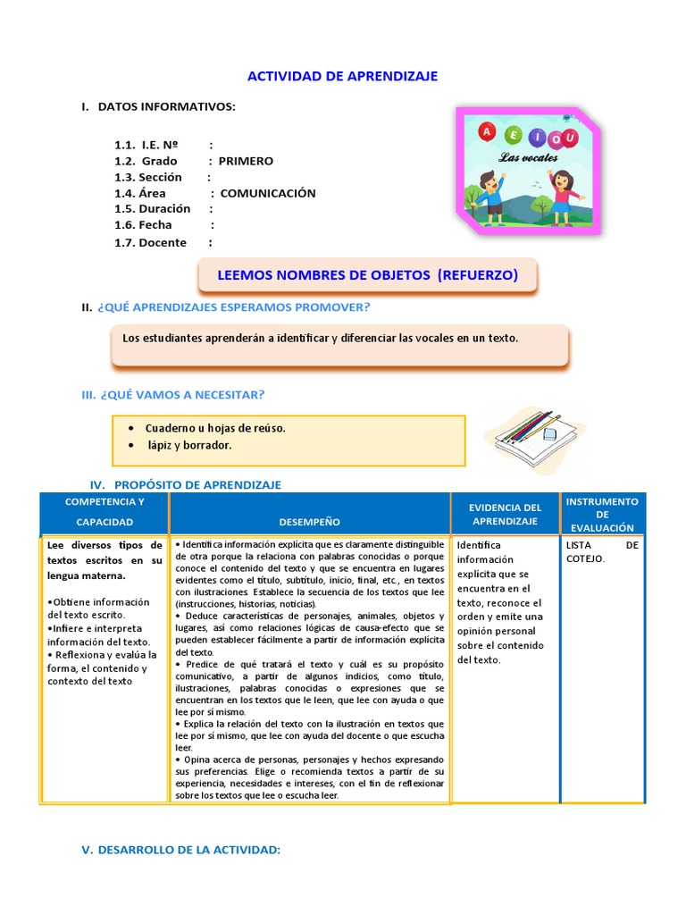 D3 A3 Sesion Com. Leemos Nombres de Objetos (Refuerzo) | PDF | Evaluación | Aprendizaje