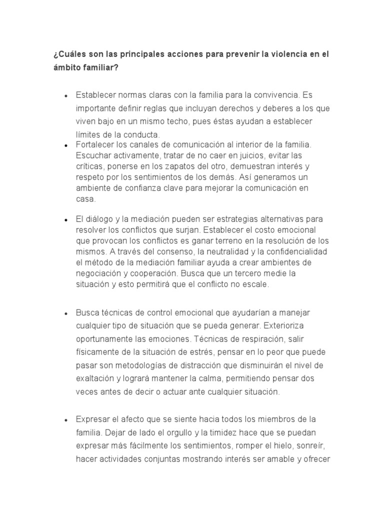 Cuáles Son Las Principales Acciones para Prevenir La Violencia en El Ámbito Familiar | PDF ...