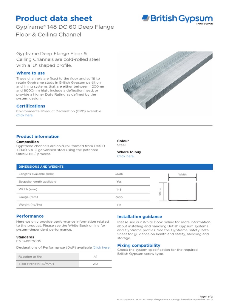 British Gypsum PDS Gypframe 148 DC 60 Deep Flange Channel | Download ...