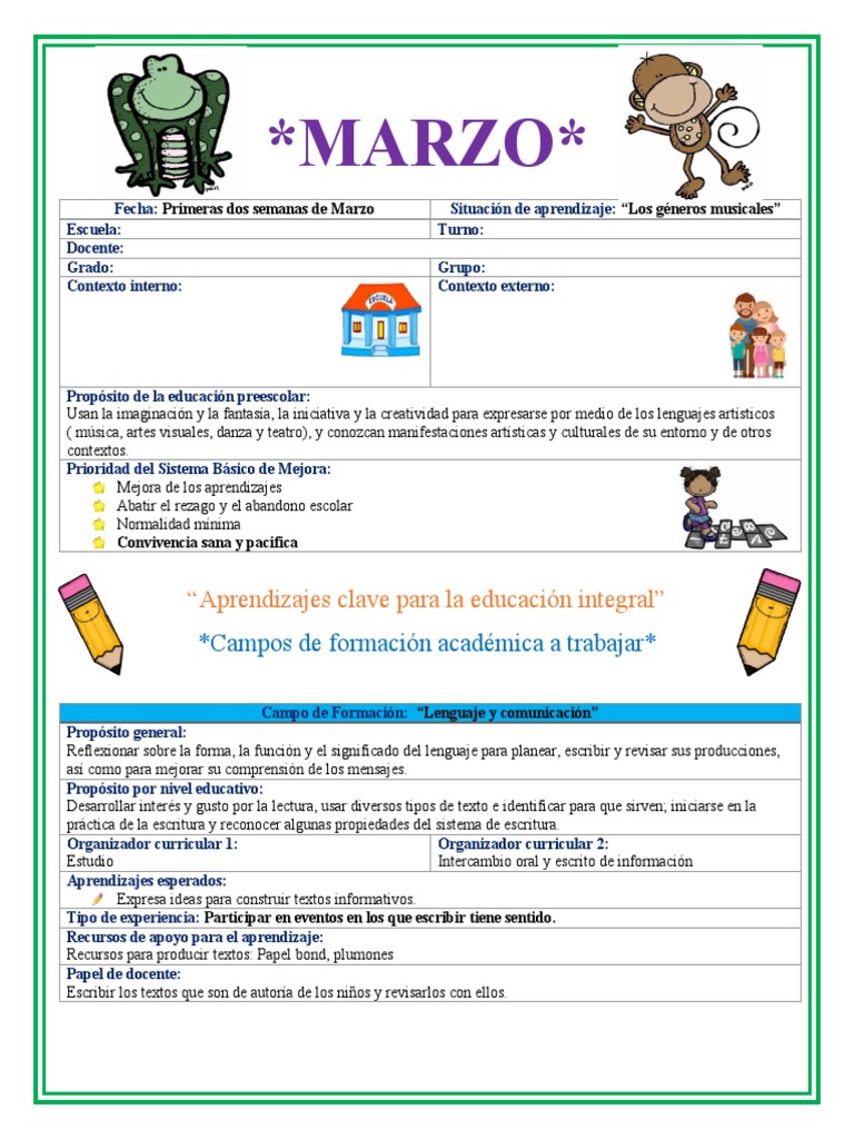 MARZO Primeras Dos Semanas 3 Grado Preescolar MARZO | PDF | Aprendizaje ...