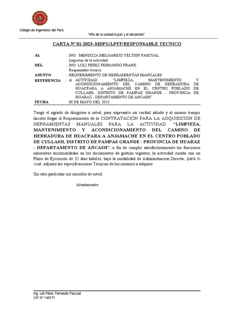 CARTA N° 01, REQUERIMIENTO DE HERRAMIENTAS MANUALES | PDF