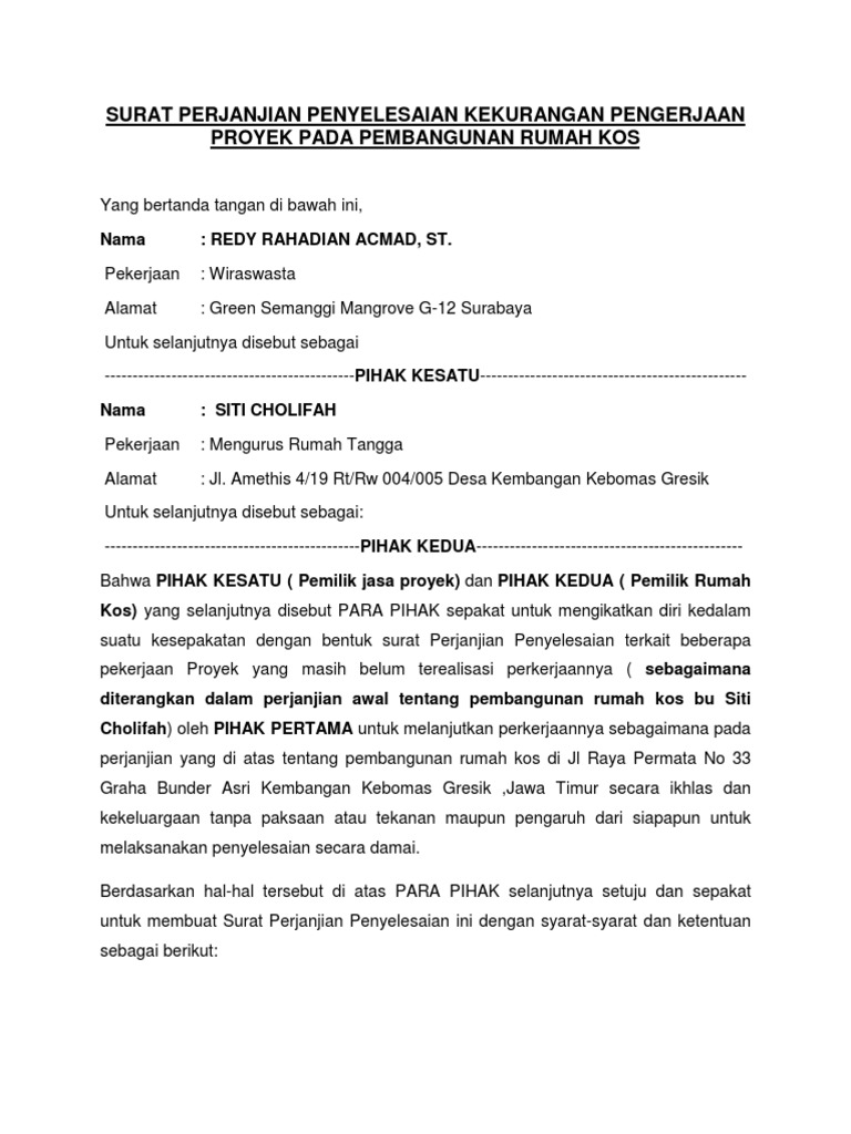 Perjanjian Penyelesaian Pekerjaan Proyek - 2 | PDF