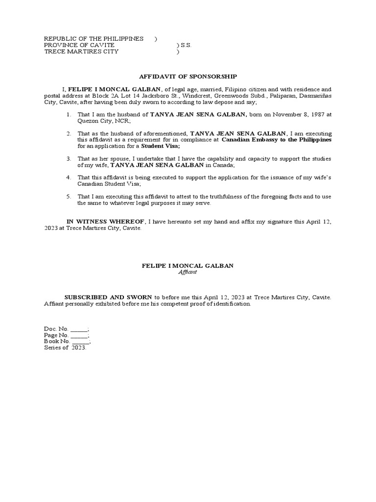 Affidavit of Sponsorship | PDF