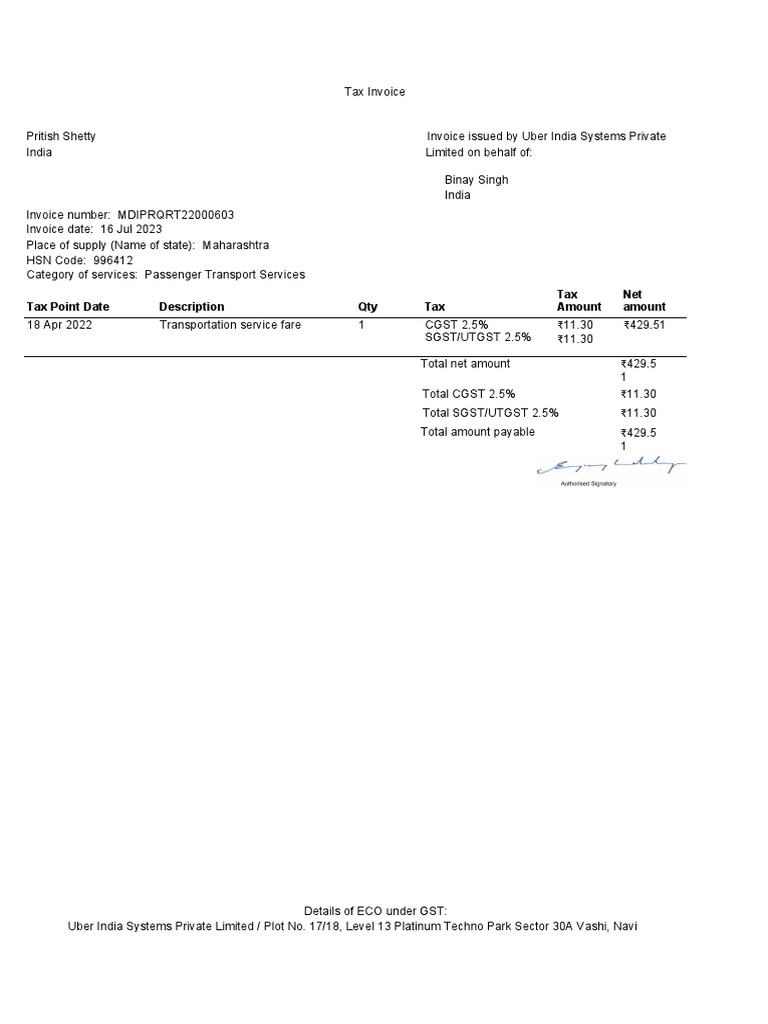 Uber India Tax Invoice for Transport Services | PDF