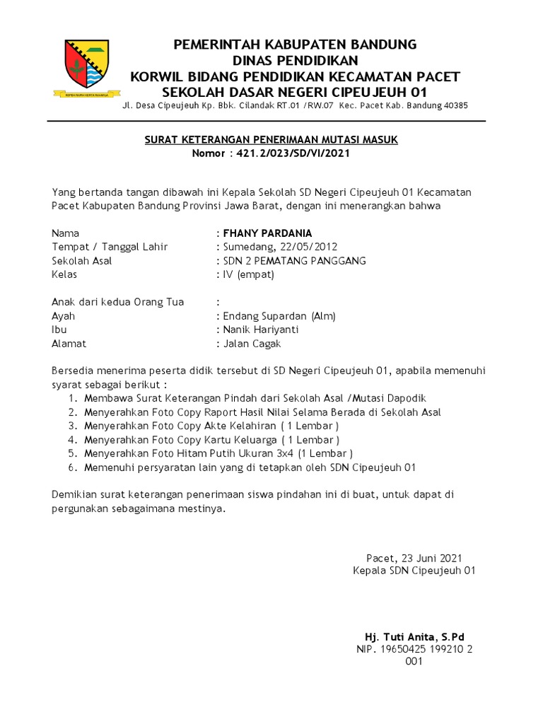 Surat Keterangan Mutasi Masuk | PDF