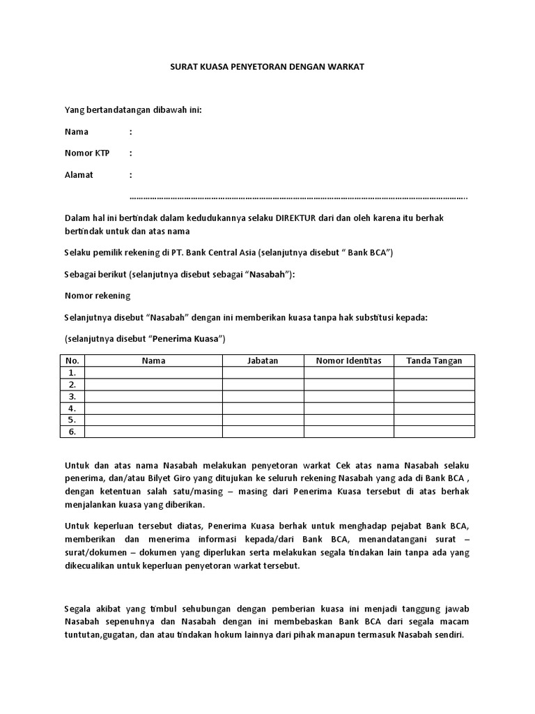 Surat Kuasa Penyetoran Dengan Warkat | PDF