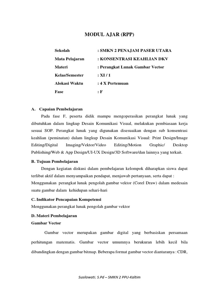 Modul Ajar (RPP) Perangkat Lunak Gambar Vektor | PDF | Karier & Perkembangan | Pengembangan Diri