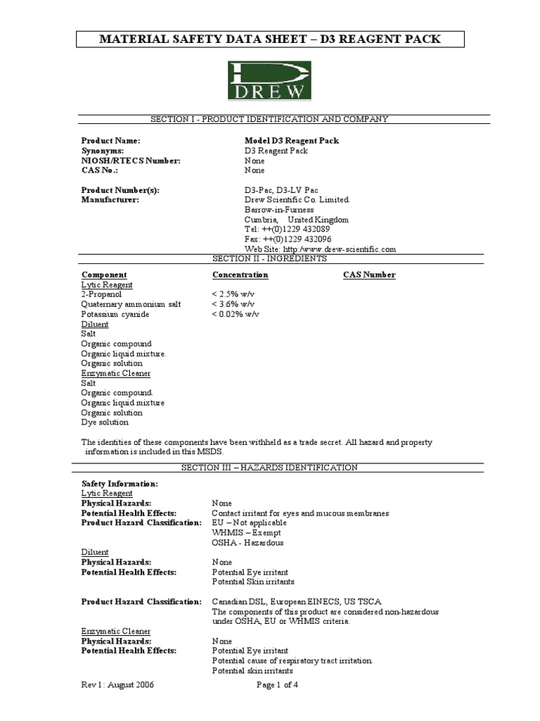 MSDS D3 Reagent Pack | PDF | Water | Toxicity