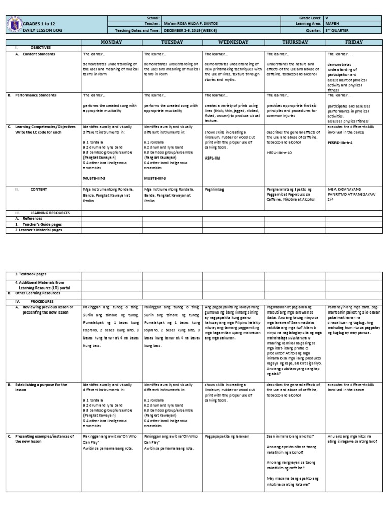 Mapeh 5 - Q3 - W6 DLL | PDF | Learning