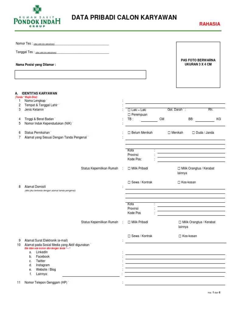 Form Biodata Karyawan RSPI | PDF