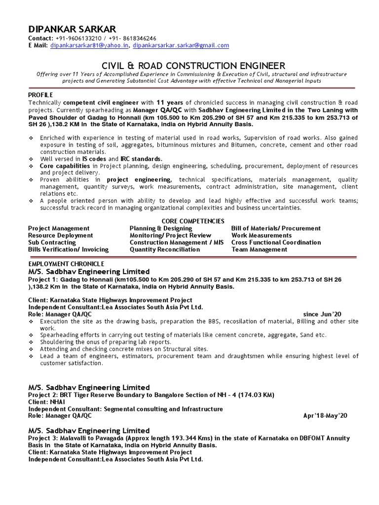 Civil & Road Construction Engineer: Dipankar Sarkar | PDF | Project Management | Specification ...