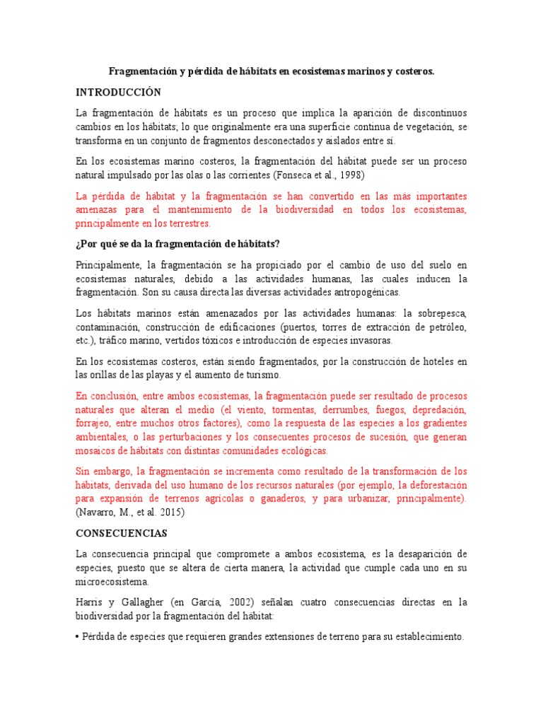 Fragmentación y Pérdida de Hábitats en Ecosistemas Marinos y Costeros | PDF | Destrucción del ...