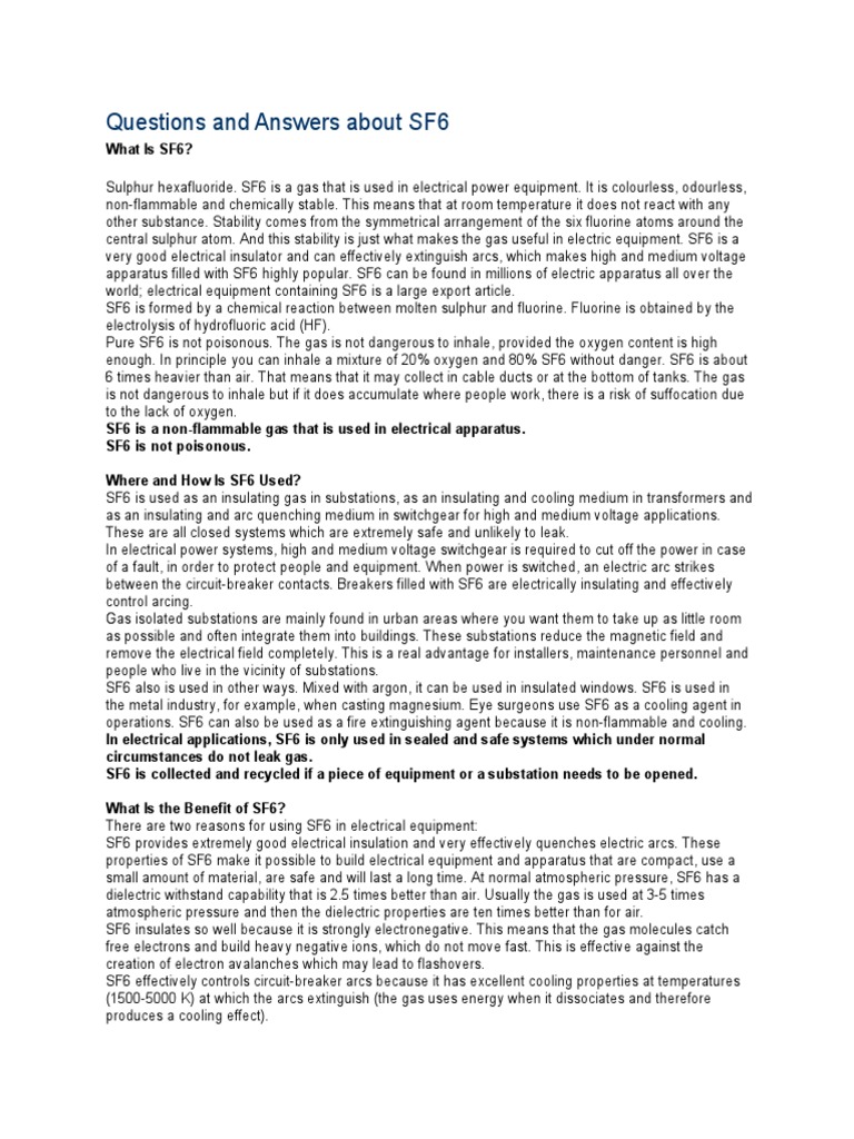 Questions and Answers About SF6 | PDF | Atmosphere Of Earth | Electric Arc