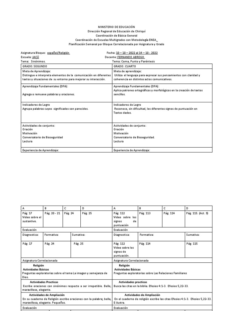 Planificación en Bloque. Multigrado. Bugaba. 10-10-2022 Original ...