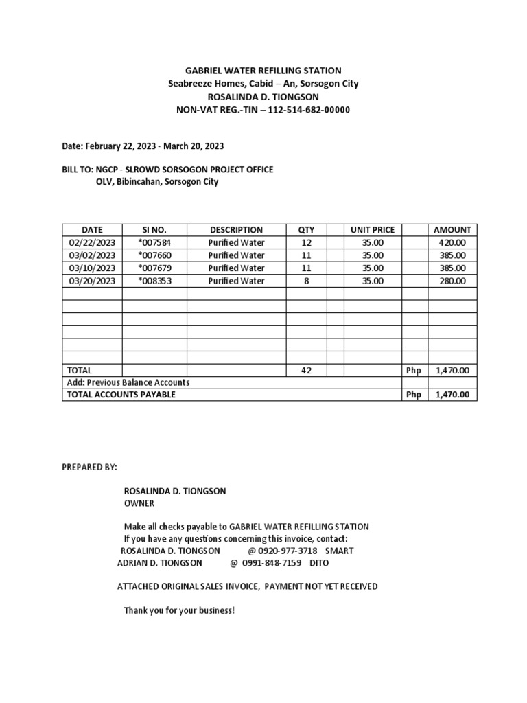 Gabriel Water Refilling Station Invoice | PDF