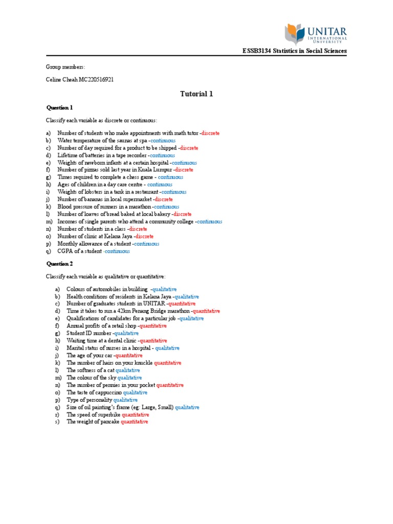 Statistics Tutorial 1 | PDF