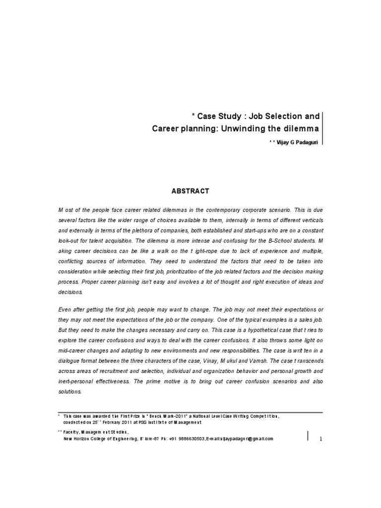 Case Study Job Selection and Career Plan | PDF | Reputation | Business
