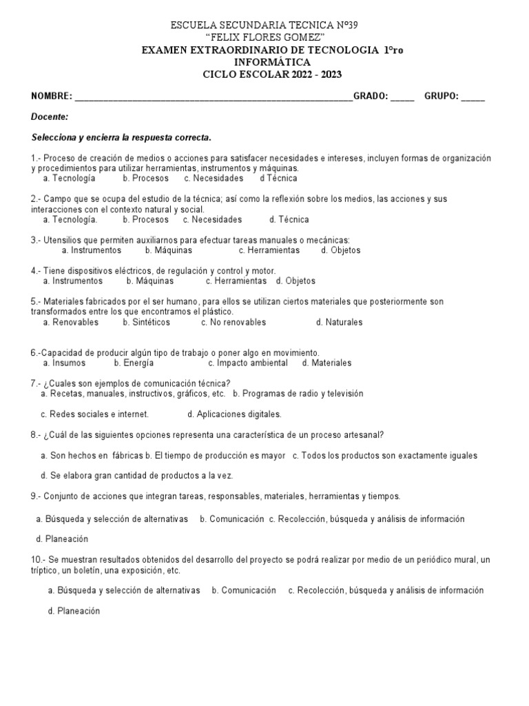 Examen Extraordinario 1°grado Informatica | PDF | Ciencias fisicas