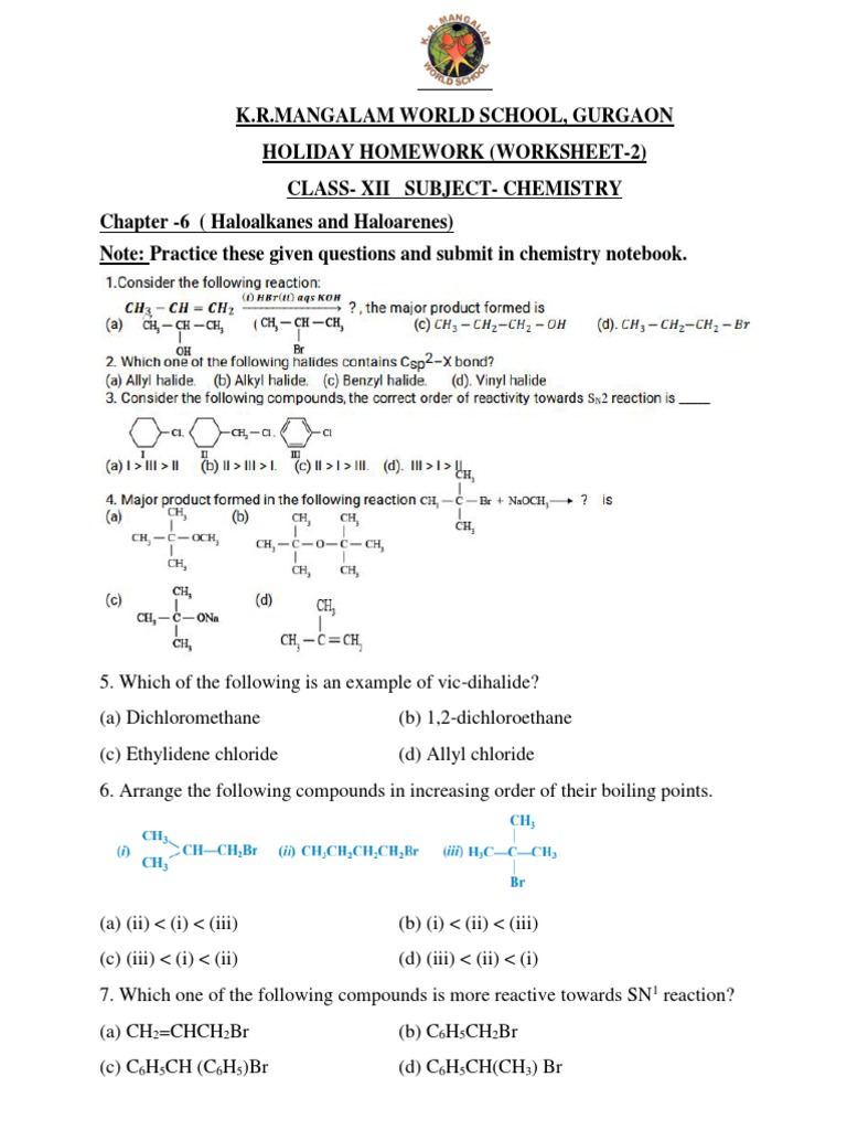 Ch6 HALOALKANES AND HALOARENES HHW WORKSHEET | PDF | Chemical Reactions | Physical Chemistry