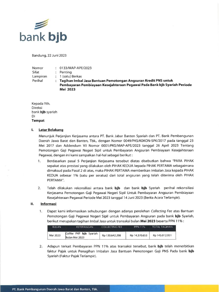 SURAT TAGIHAN IMBAL JASA BANPOT BJBS - Mei 2023 | PDF