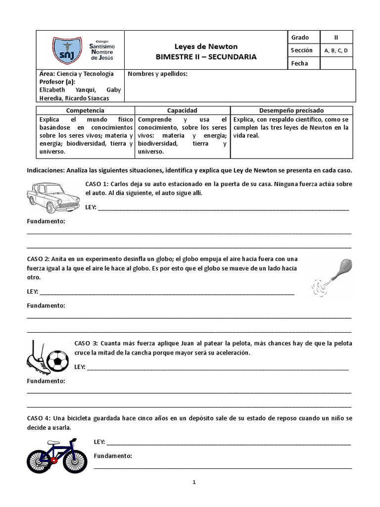 FICHA DE TRABAJO - Leyes de Newton | PDF | Fuerza | Las leyes del movimiento de Newton