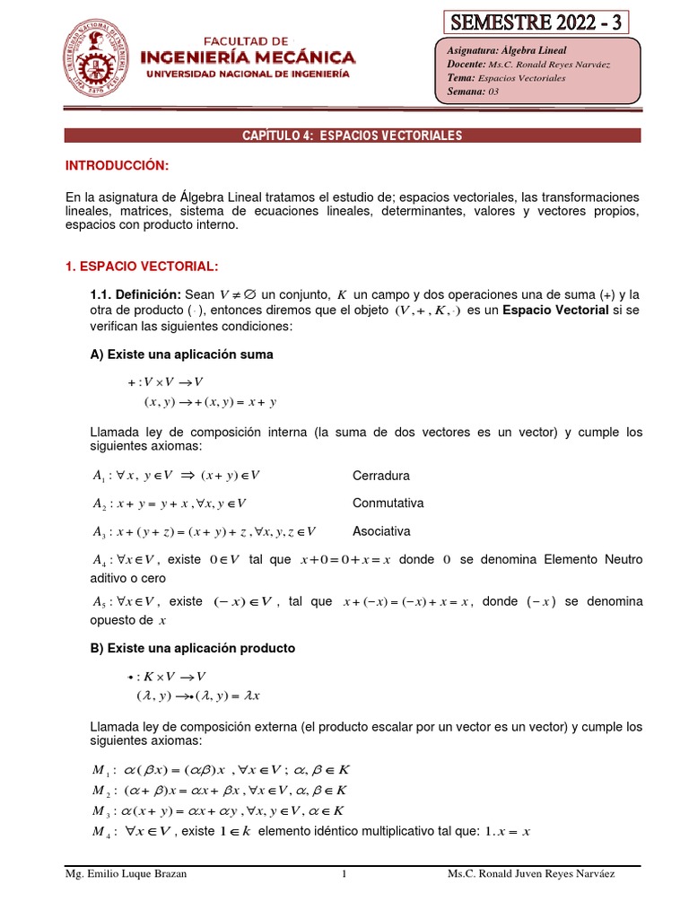 Guía 07 Espacios Vectoriales Pdf Espacio Vectorial álgebra Lineal