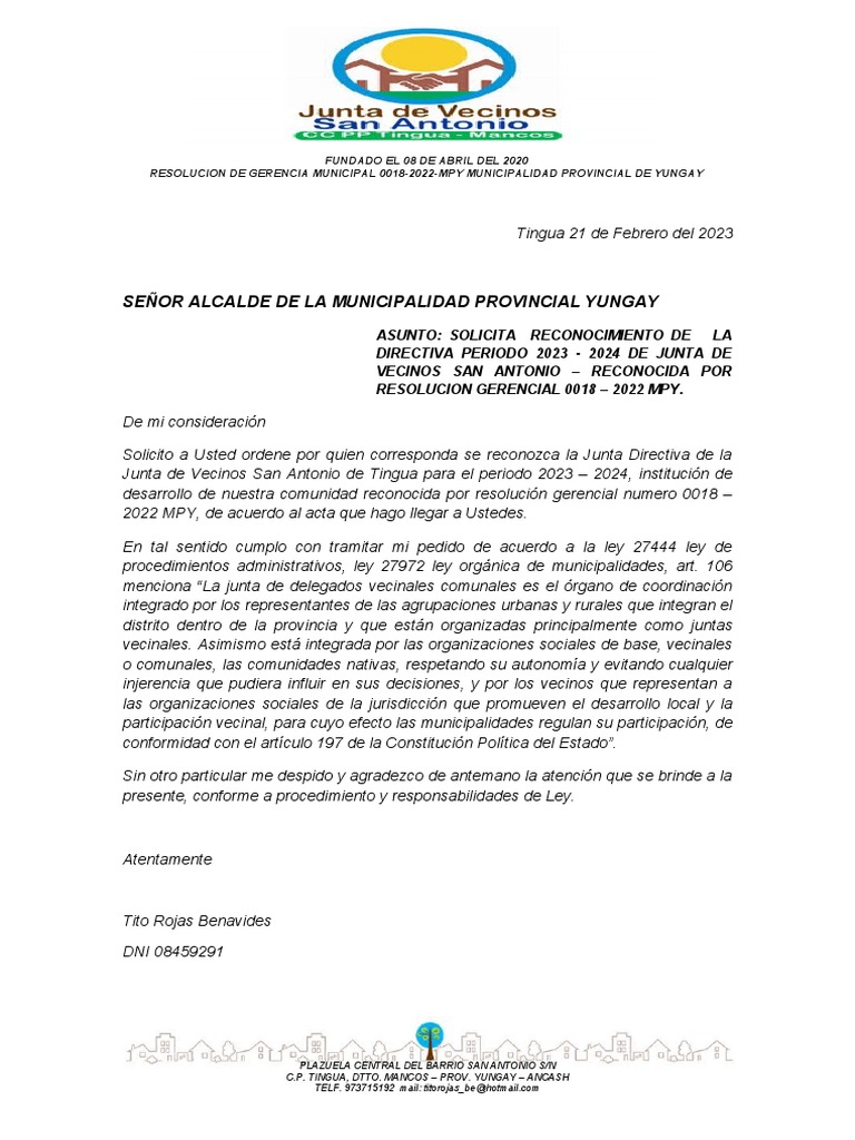 Muni Yungay Reconocimiento Junta Vecinal 2023 - 2024 | PDF