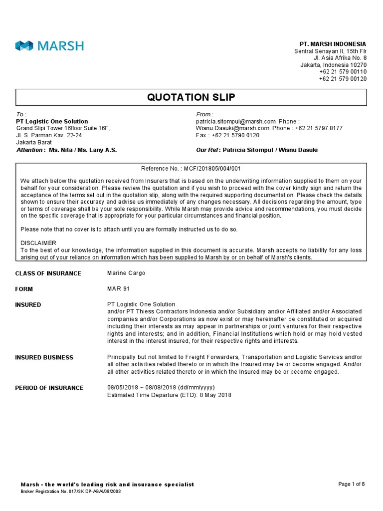 Marine Cargo Insurance Quotation | PDF | Insurance | Indemnity