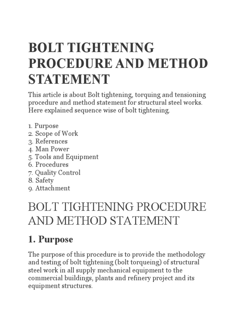 Bolt Tightening Procedure and Method Statement | PDF | Screw | Calibration