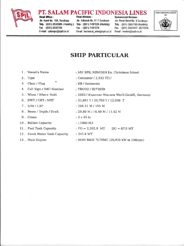 01. Ship Particular NIN | PDF
