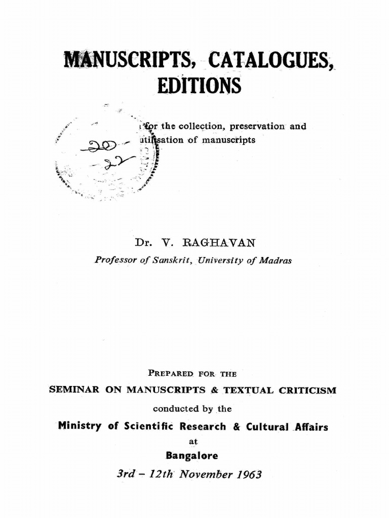 Manuscripts, Catalogues, Editions - (Ed) V Raghavan - 1963 - 118 P ...
